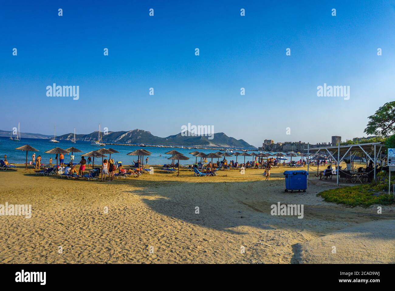 Summer view of the famous beach of Methoni town in Messinia region ...