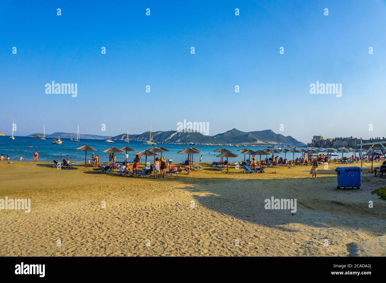 Summer view of the famous beach of Methoni town in Messinia region ...