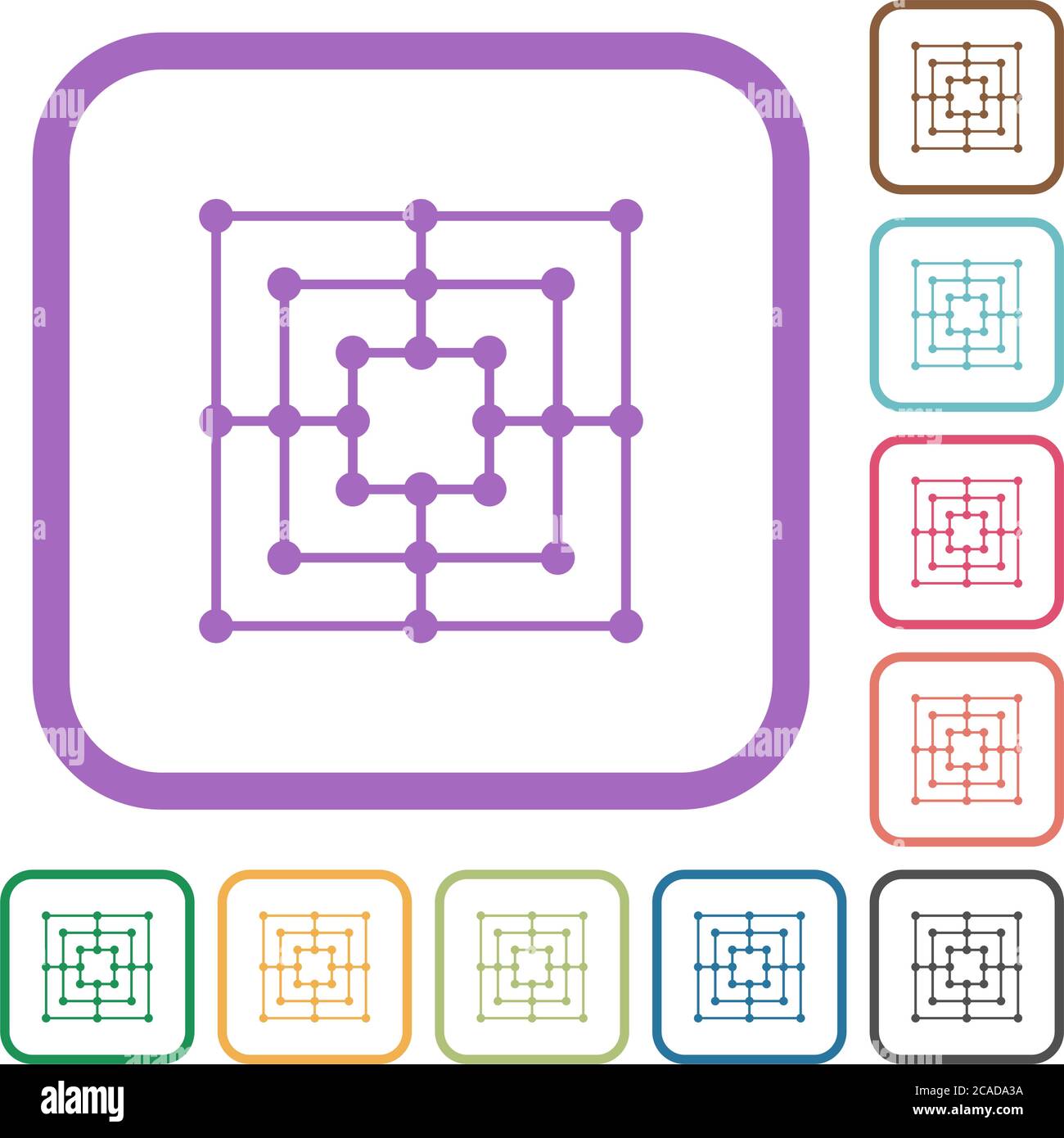 Nine men's morris game board simple icons in color rounded square frames on white background ...