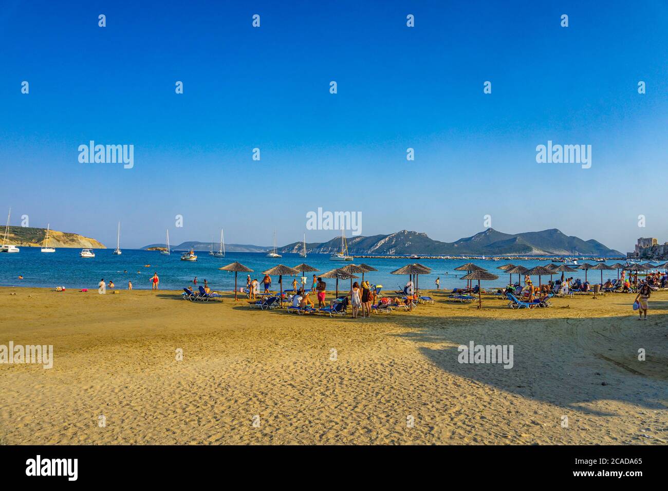 Summer view of the famous beach of Methoni town in Messinia region ...