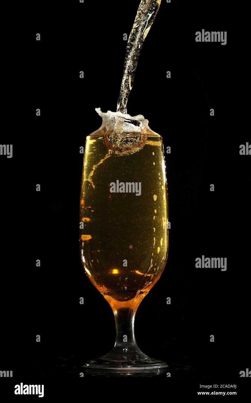 Beer falling into a glass and forming a splash on a black background ...