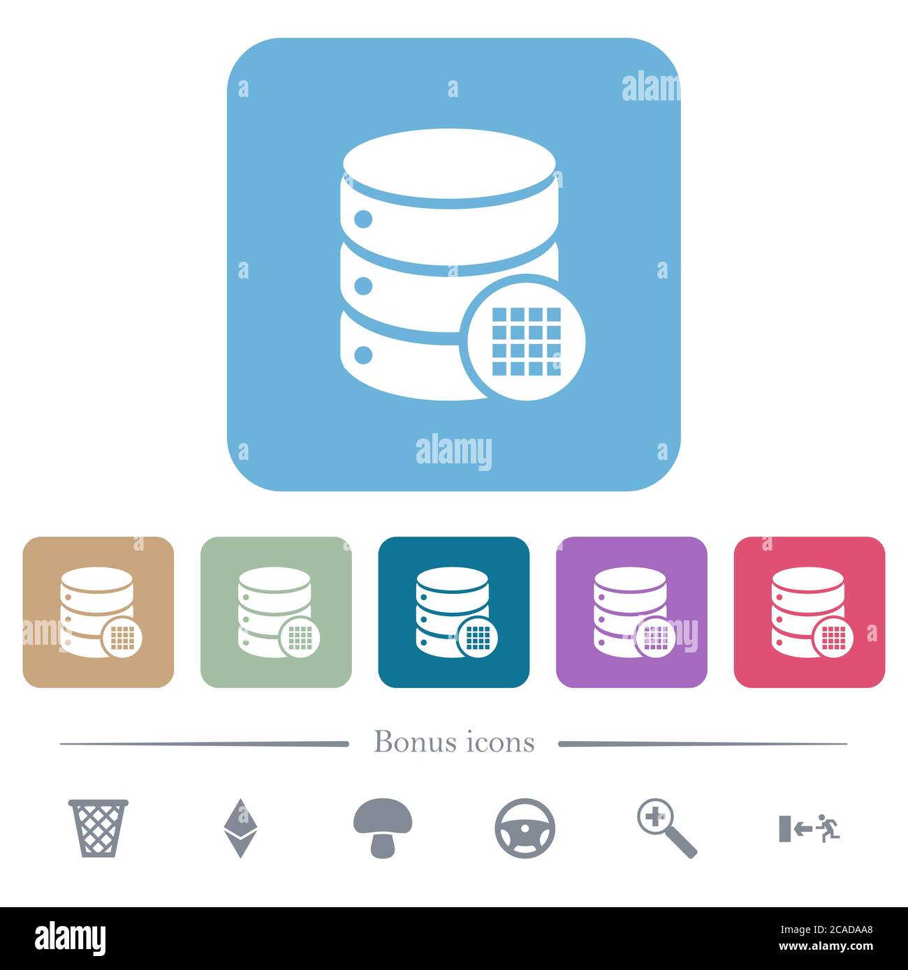 Database table cells white flat icons on color rounded square ...