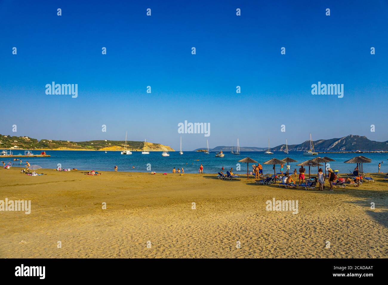 Summer view of the famous beach of Methoni town in Messinia region ...