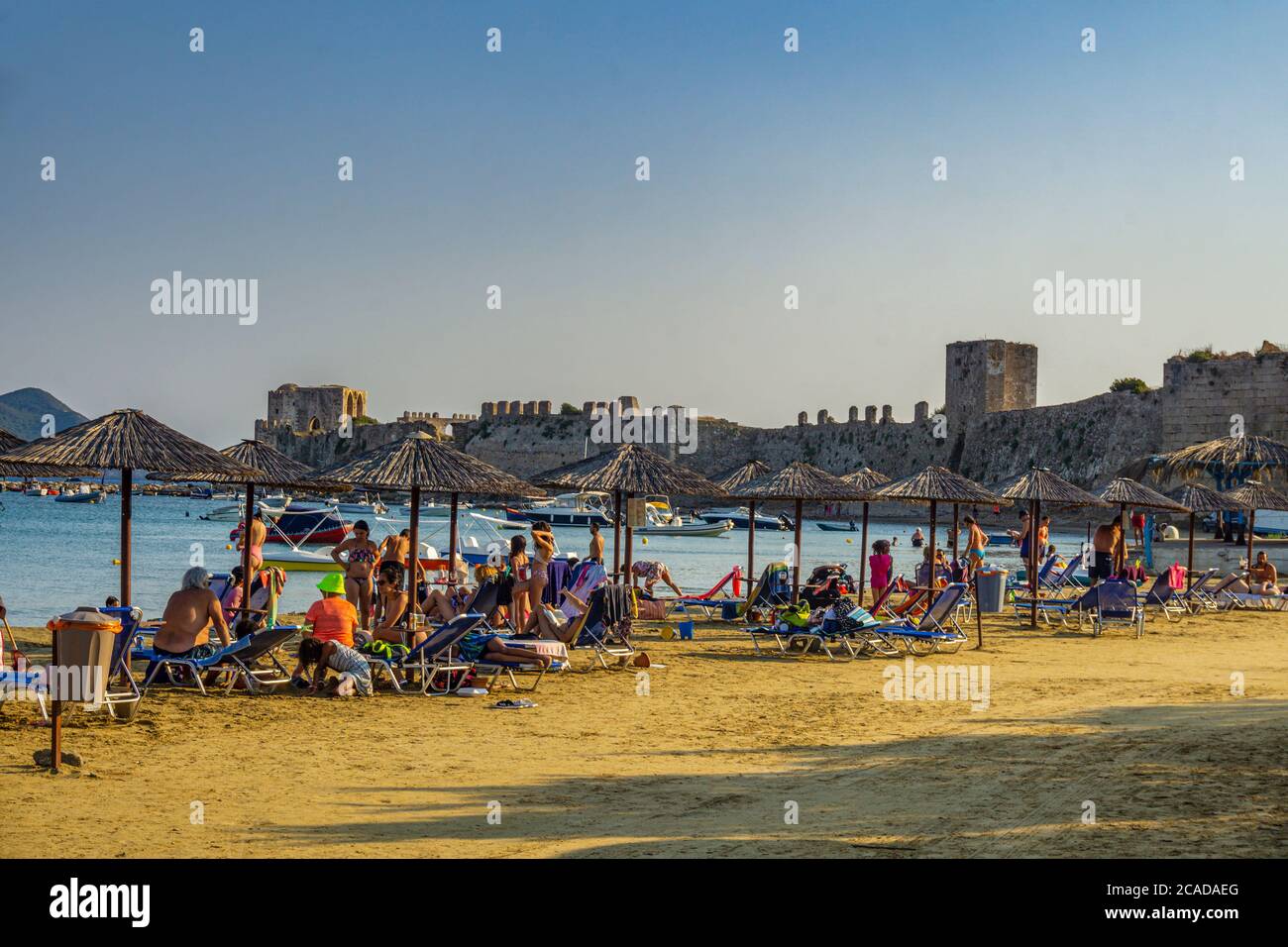 Summer view of the famous beach of Methoni town in Messinia region ...
