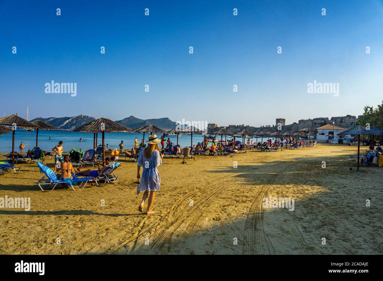 Summer view of the famous beach of Methoni town in Messinia region ...