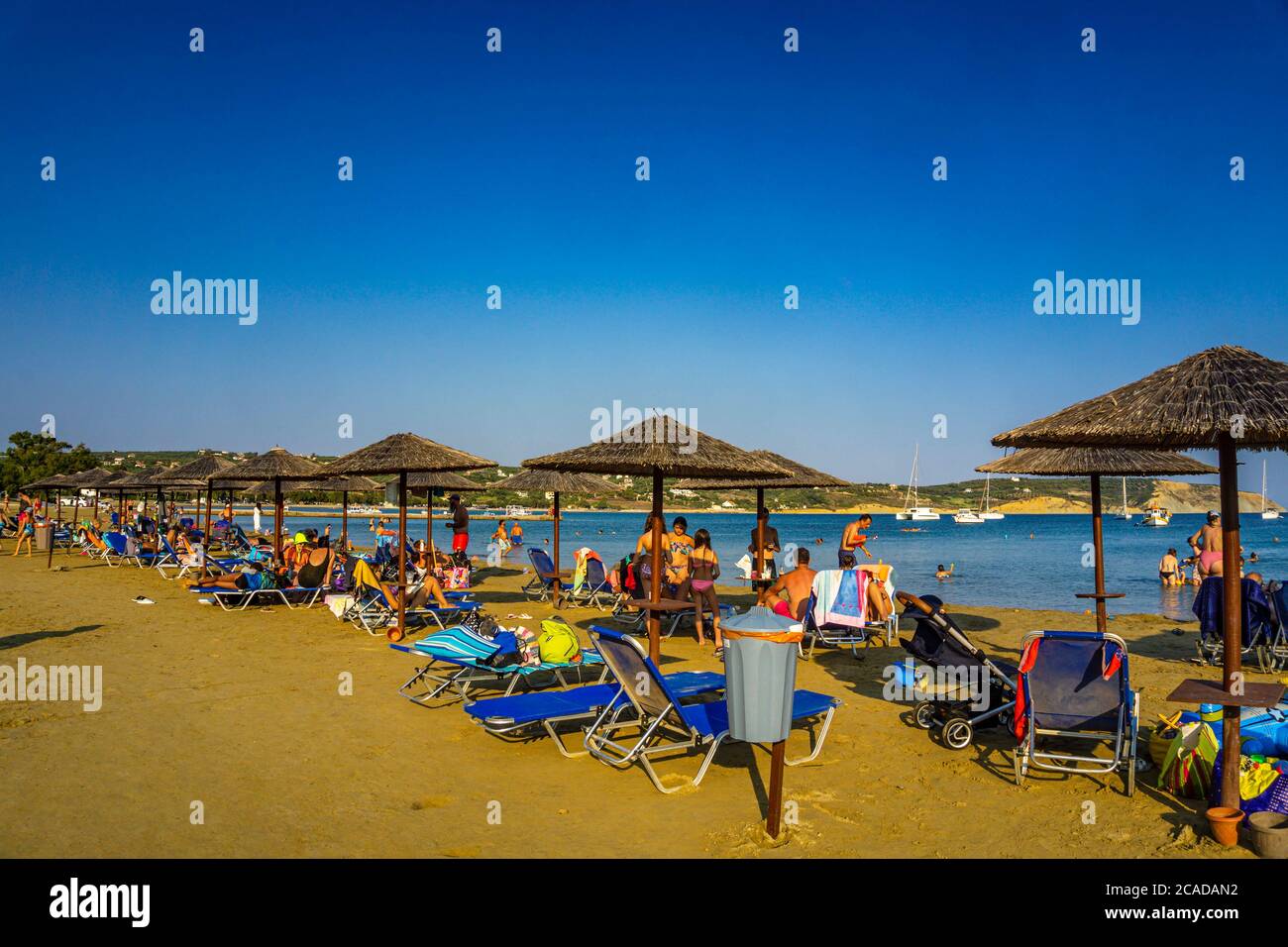 Summer view of the famous beach of Methoni town in Messinia region ...