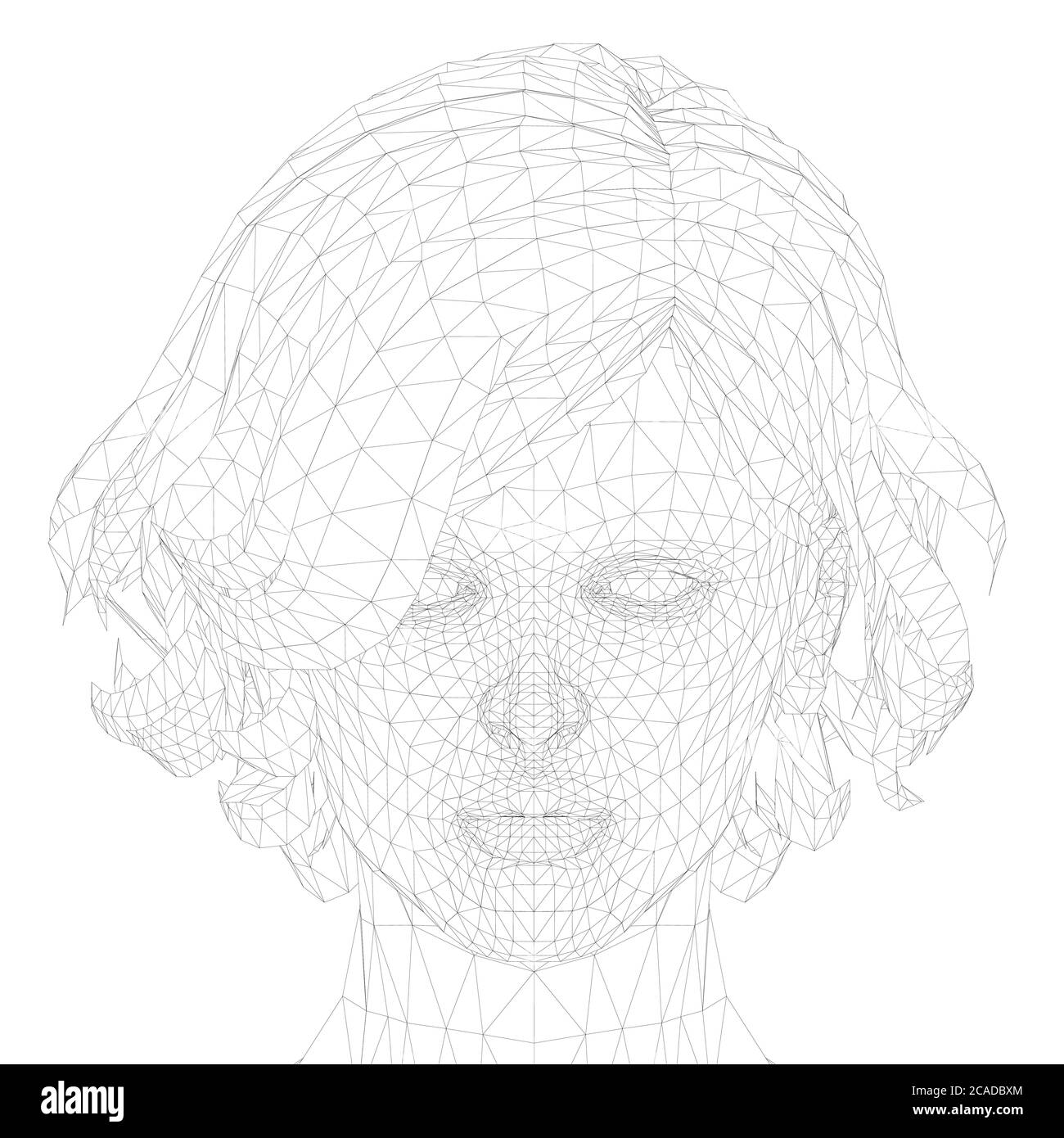Low poly head wireframe of a girl with a short haircut. Front view ...