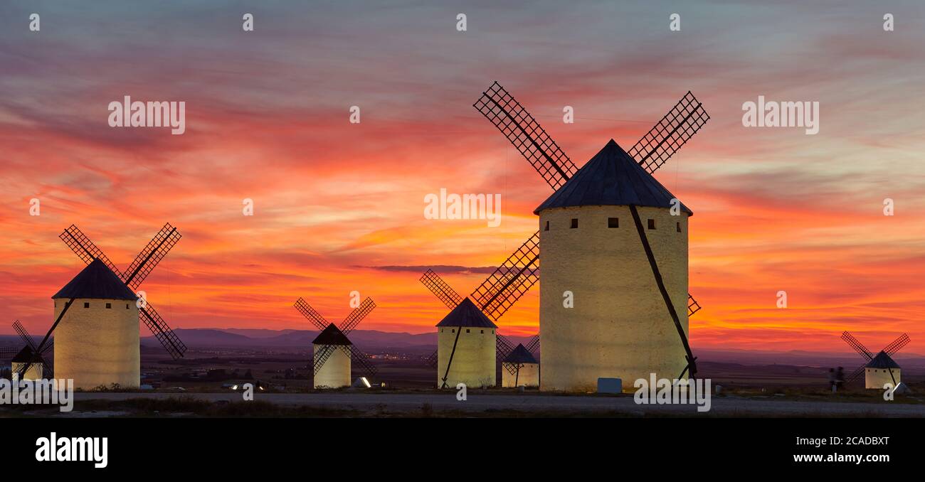 Historical windmills at sunset Stock Photo - Alamy