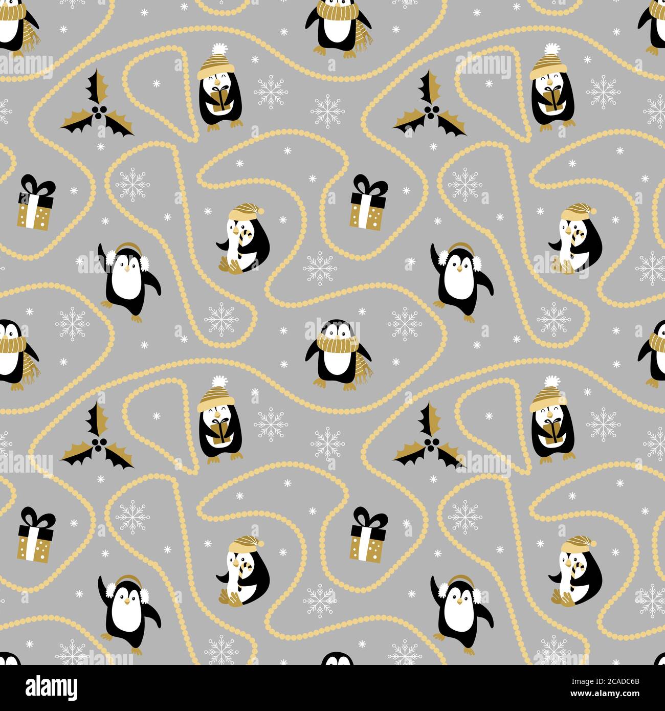 Christmas seamless pattern with penguins and beads on grey background ...