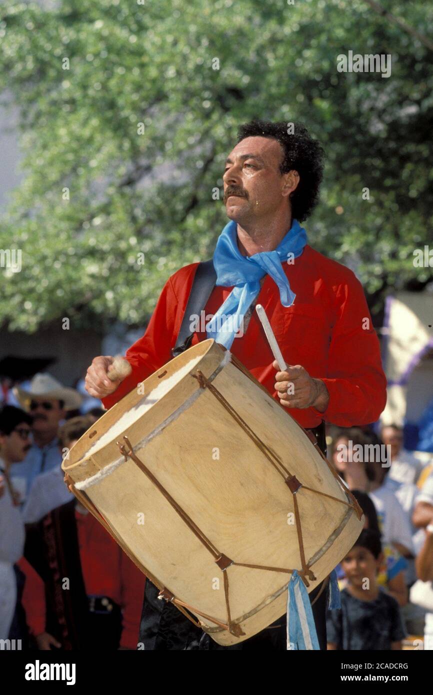 Hispanic drummer for "Argentine Zoco" dance troupe performing at Texas ...
