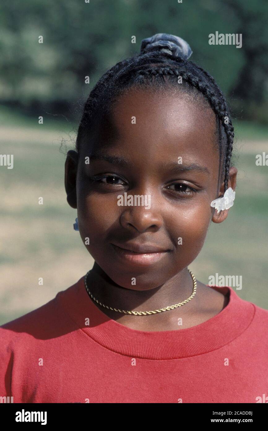 5th grade African-American girl at outdoor education camp. ©Bob ...