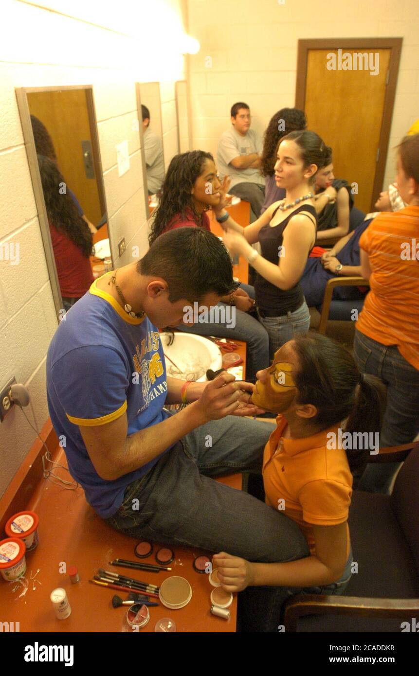 Brownsville, Texas USA, January, 2006: Acting students prepare makeup ...