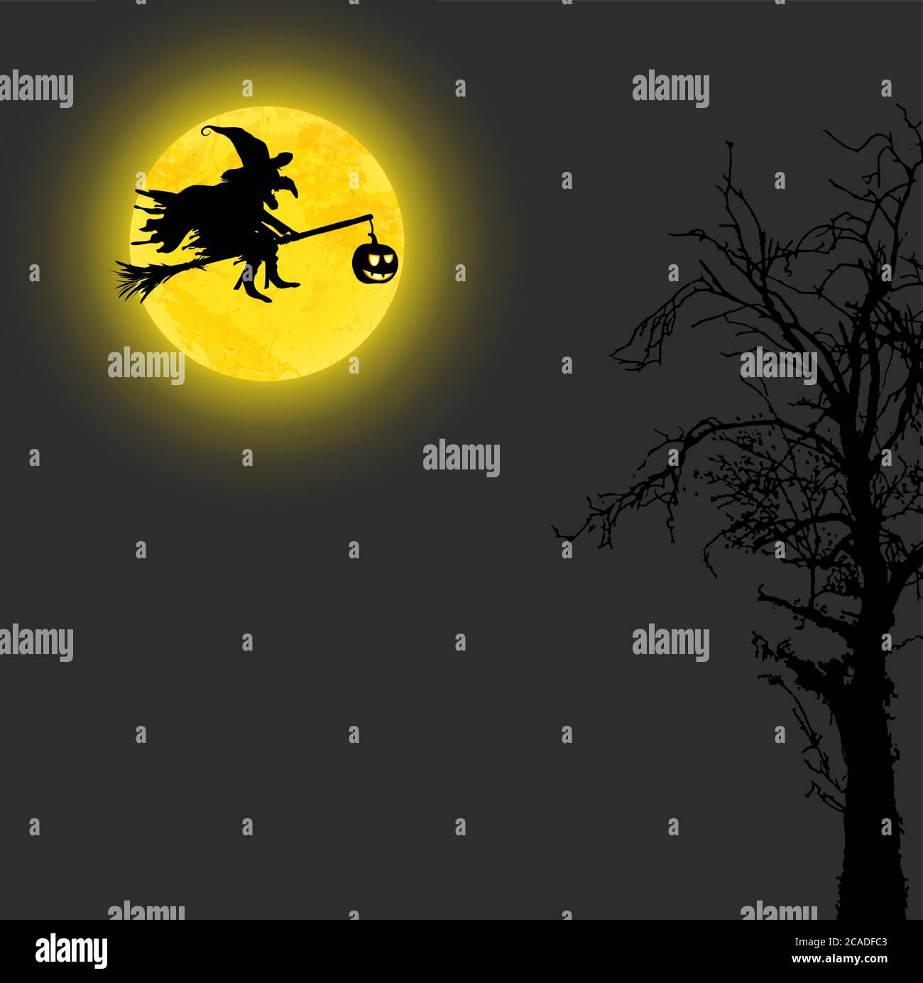 dark witch in front of full yellow moon with scary illustrated elements ...