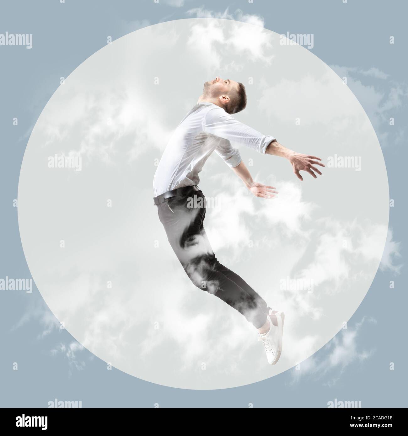 Mid-air beauty cought in twilight. Full length shot of young man ...