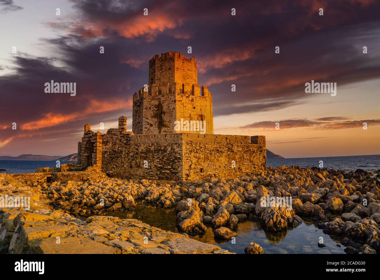 Iconic view of the stand alone structure, the Bourtzi of Methoni castle ...