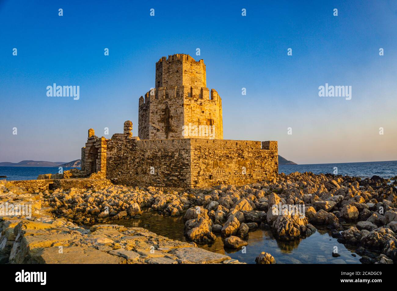 Iconic view of the stand alone structure, the Bourtzi of Methoni castle ...
