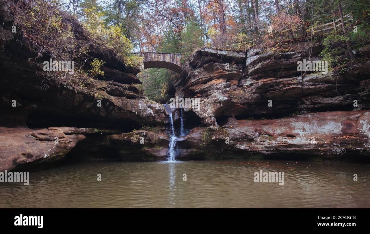 Bridge and Upper Falls at Hocking Hills, OH Stock Photo - Alamy