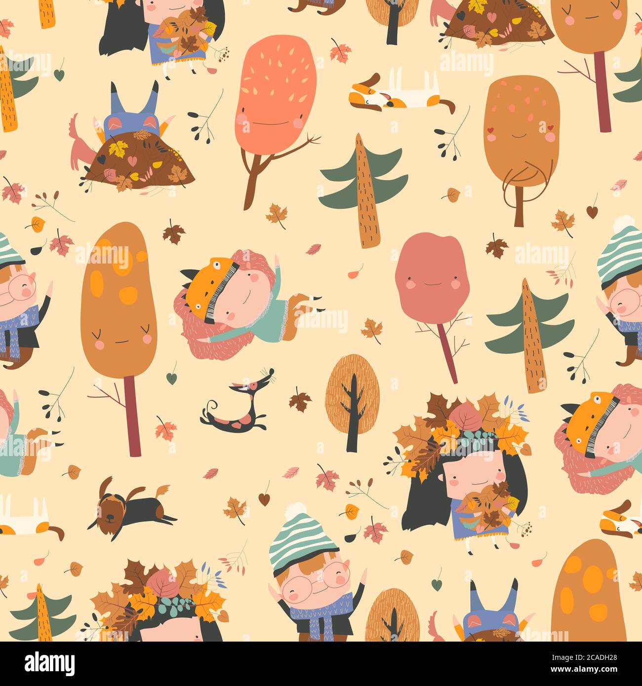 Illustration kids playing autumn leaves hi-res stock photography and ...