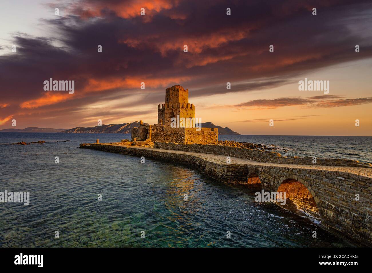 Iconic view of the stand alone structure, the Bourtzi of Methoni castle ...
