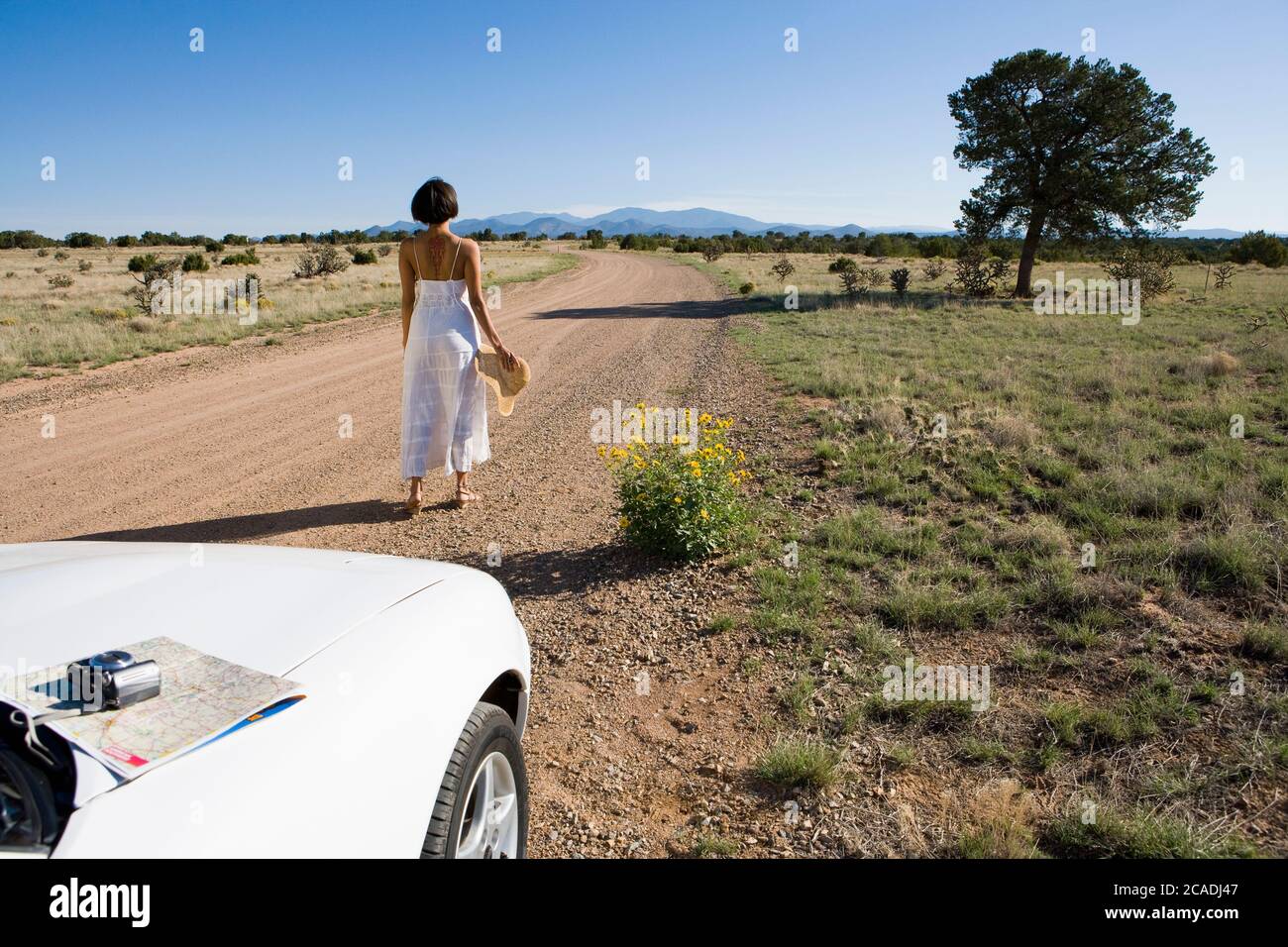 Native American woman in sun dress driving a white convertible sports ...
