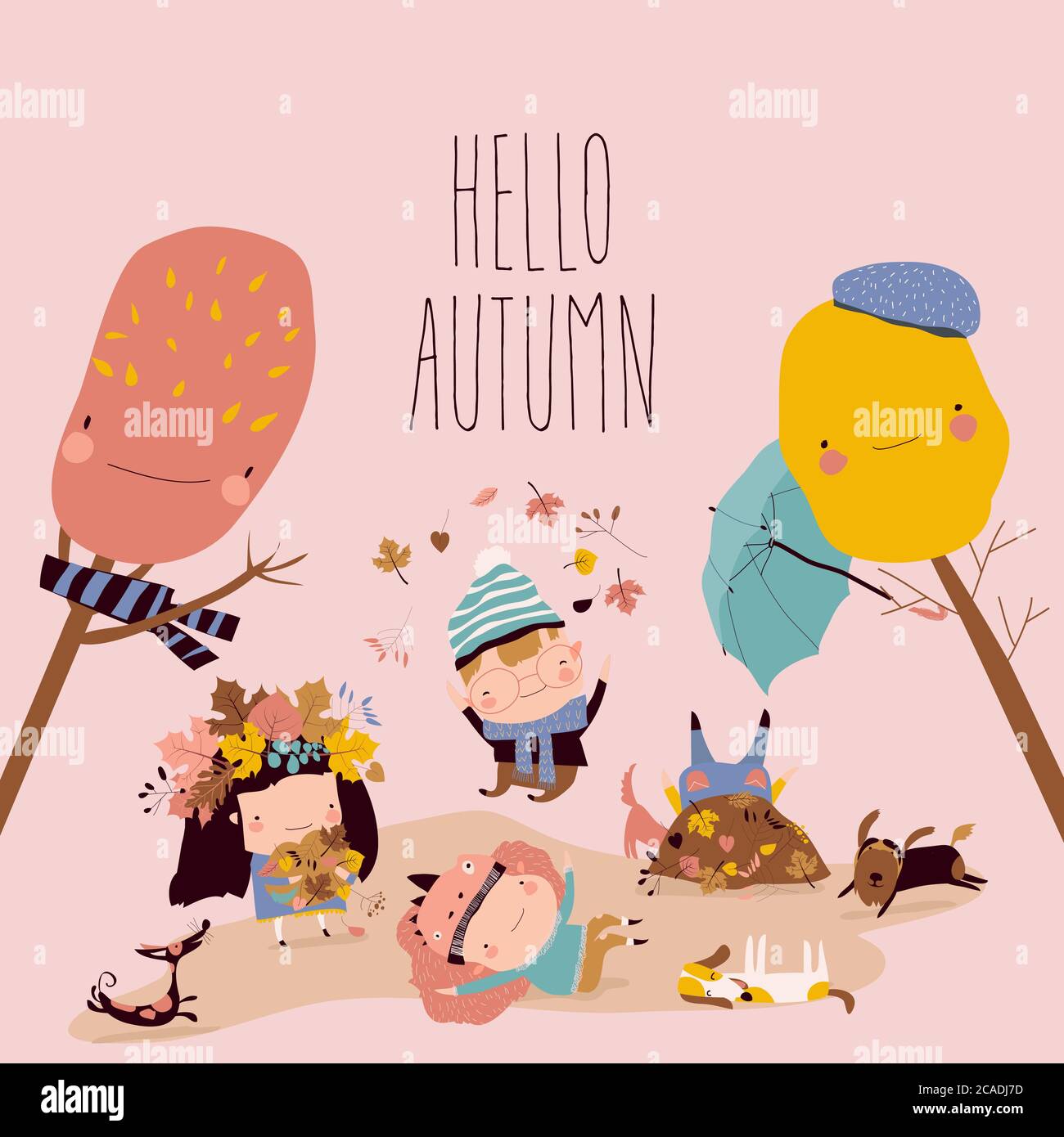 Children playing leaves Stock Vector Images - Alamy