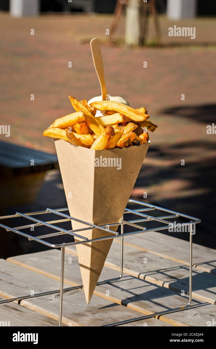 Frnech fries Belgian style with mayonaise in a traditional cardboard ...