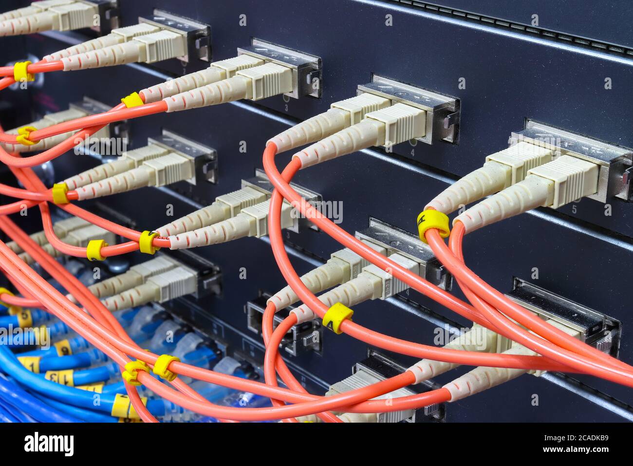 cable network, fiber optic cable connect to switch port in server room ...