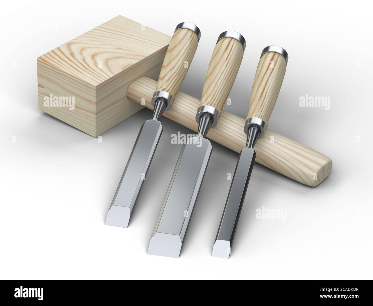 Mallet and chisel hand tool with wooden handles. 3d illustration ...