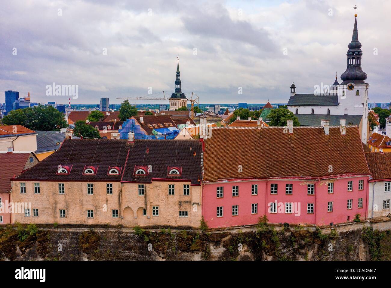 Colorful buildings and church spires of the old town of Tallinn ...