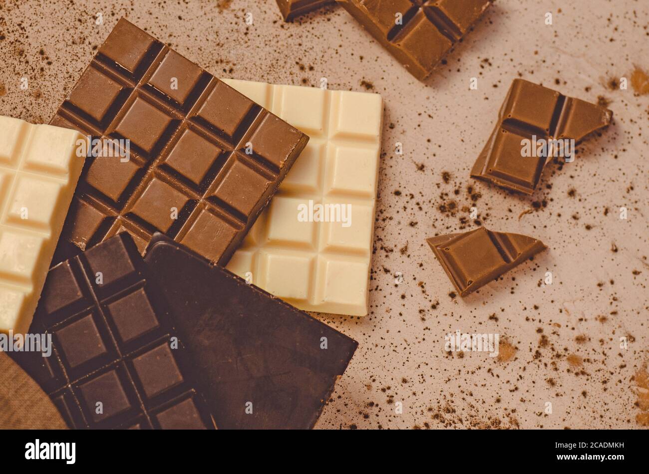 Chocolate candy bars. Chocolate bar pieces. Different milk and dark ...