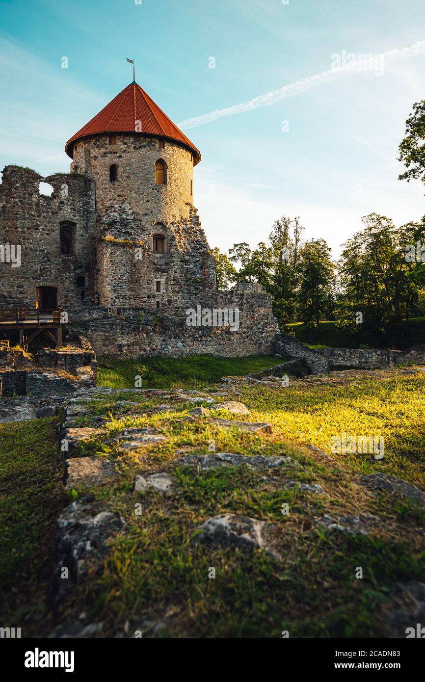 Beautiful view of Cesis Castle in Latvia with a blue sky background ...