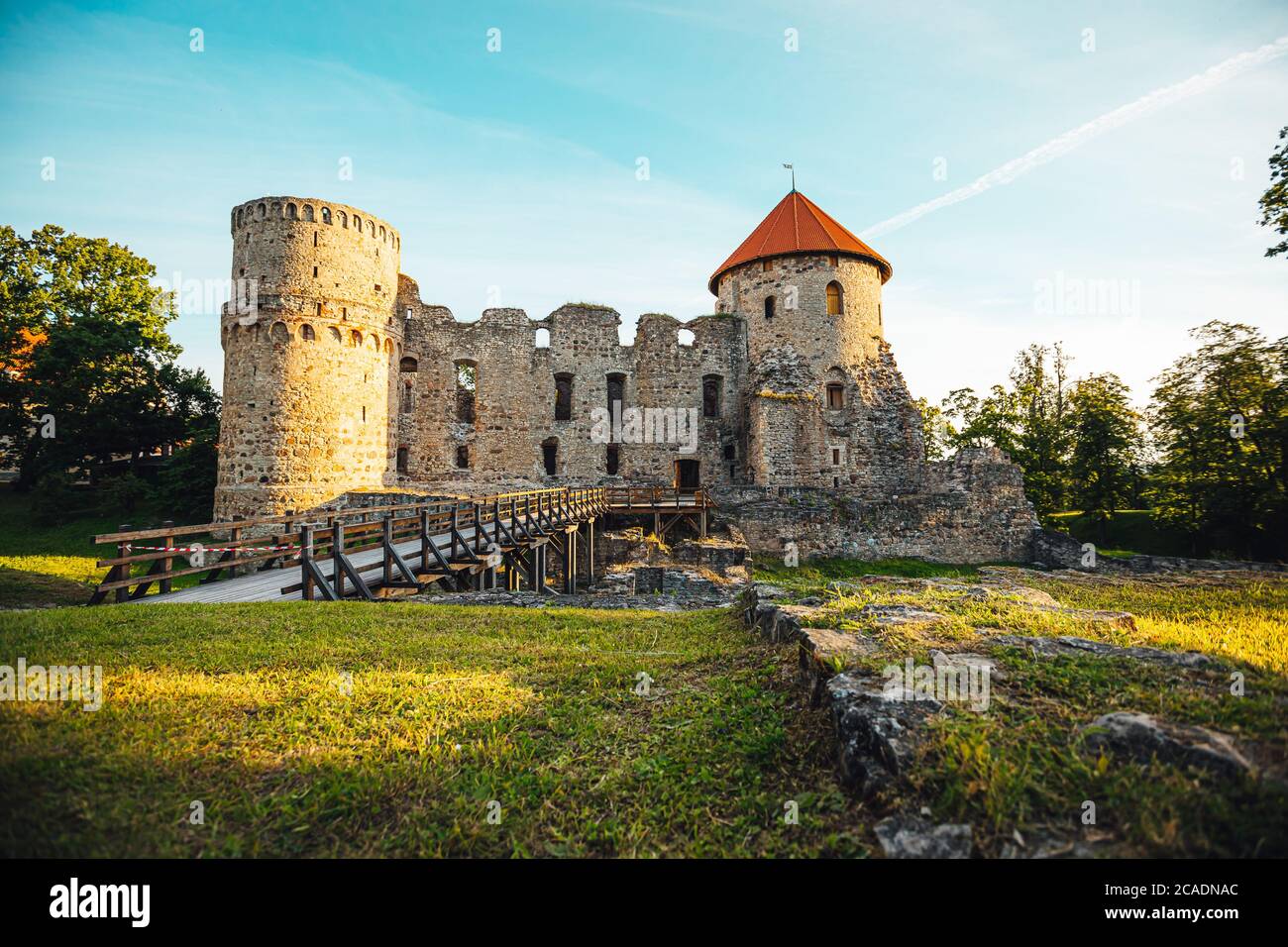 Beautiful view of Cesis Castle in Latvia with a blue sky background ...