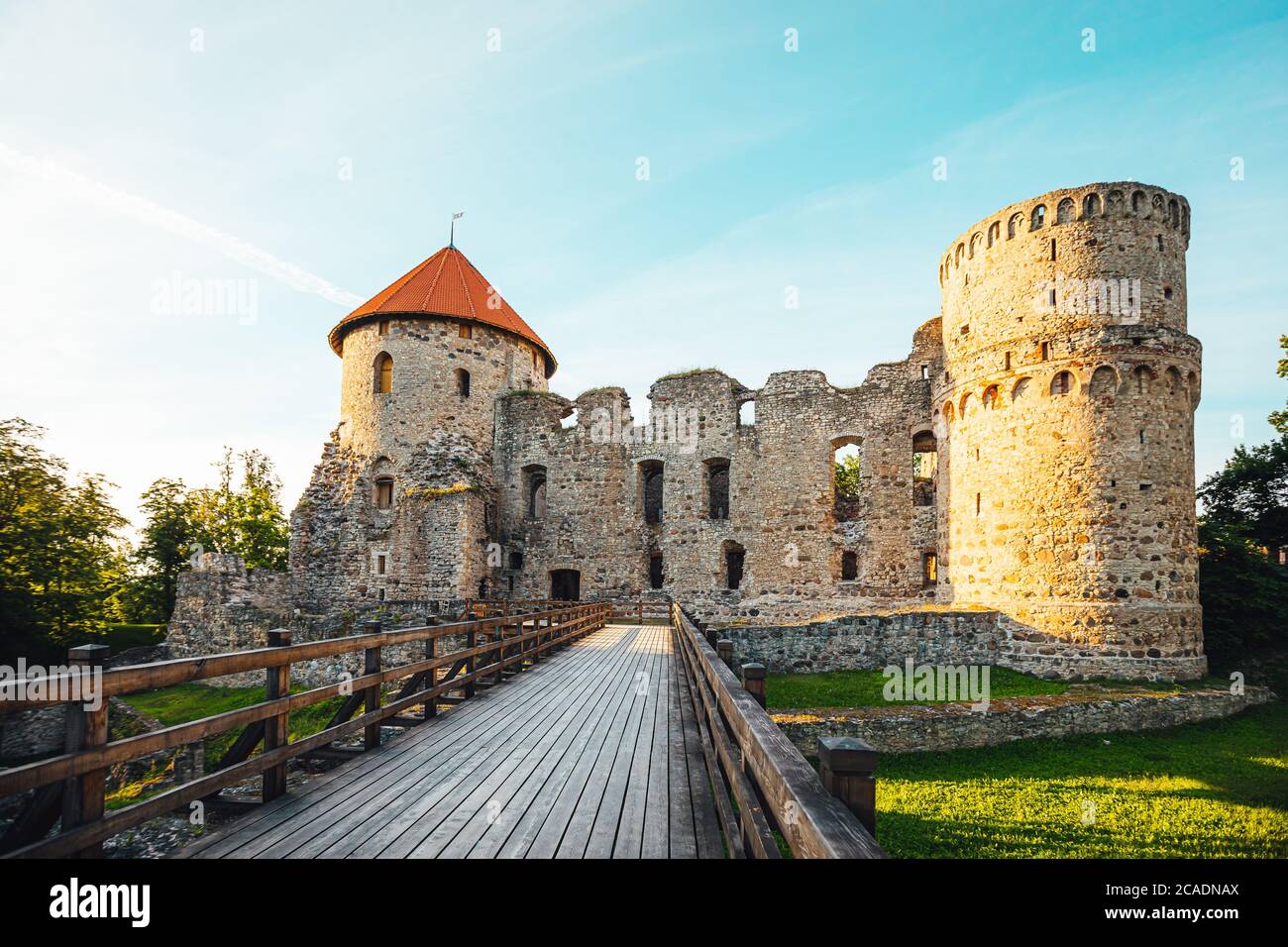 Beautiful view of Cesis Castle in Latvia with a blue sky background ...