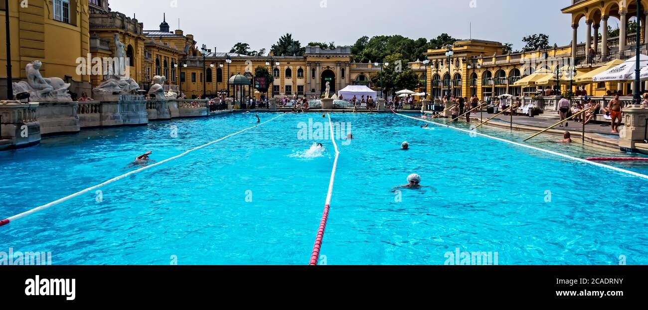 BUDAPEST, HUNGARY - August 24, 2019: Thermal Bath pool outdoors. Enjoy ...