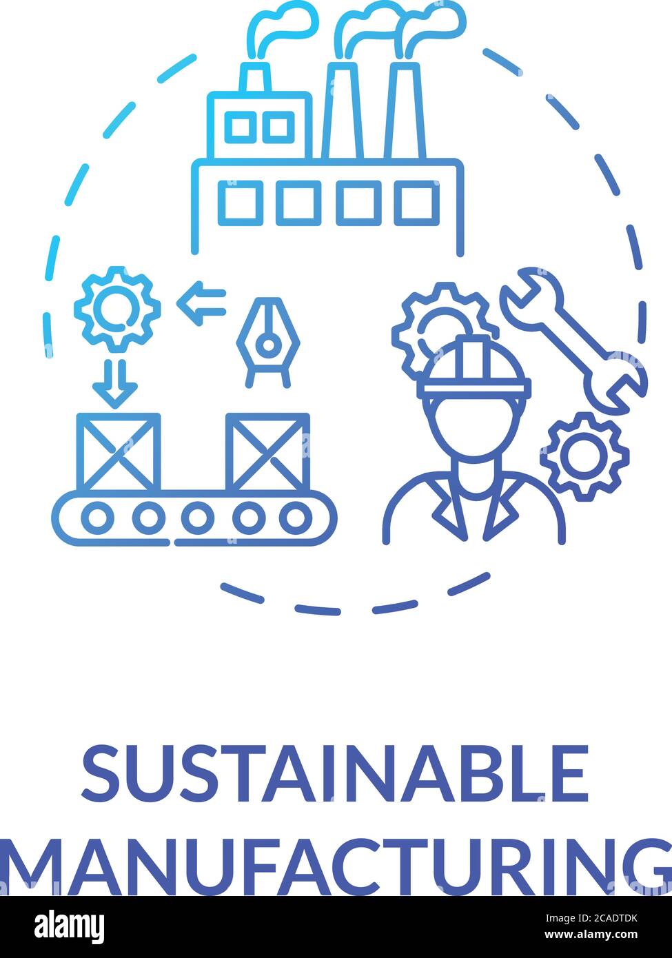 Sustainable manufacturing blue gradient concept icon. Ecoological factory production ...