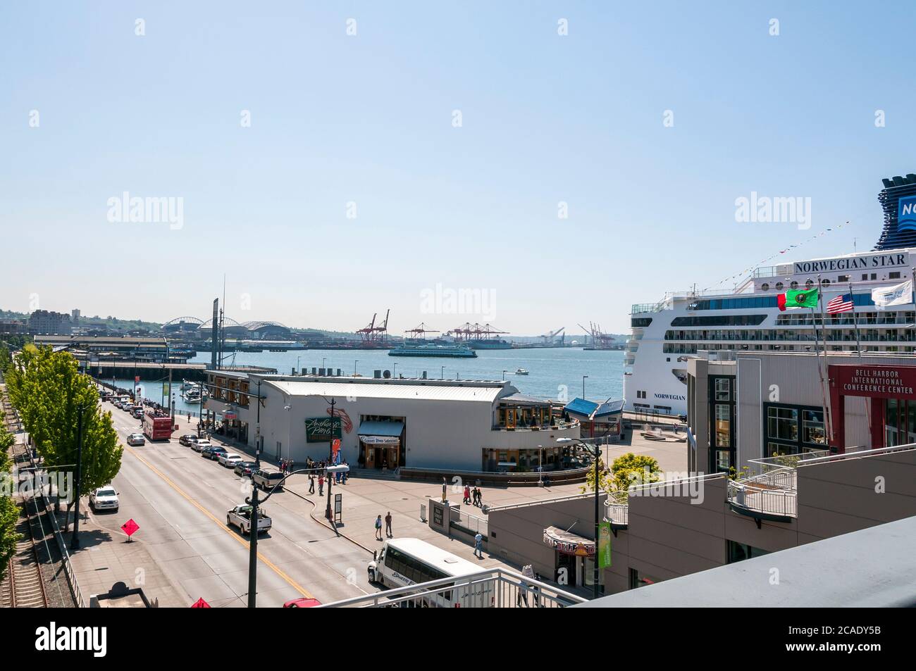 Elevated view southeast on Alaskan Way around Pier 70 in Belltown in ...