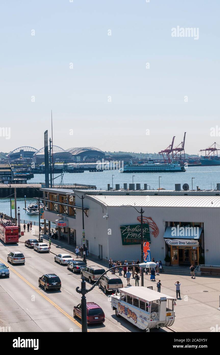 Elevated view southeast on Alaskan Way around Pier 70 in Belltown in ...