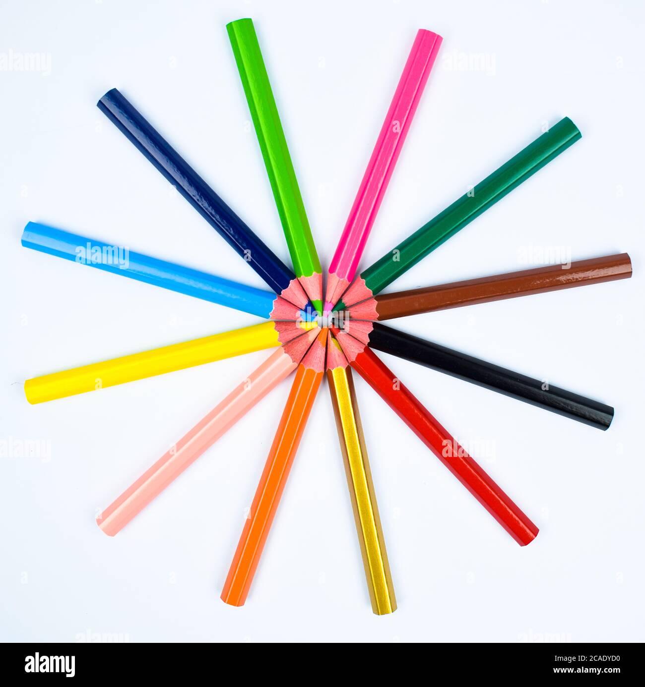 Round design made with some different colored wood pencil crayons on ...