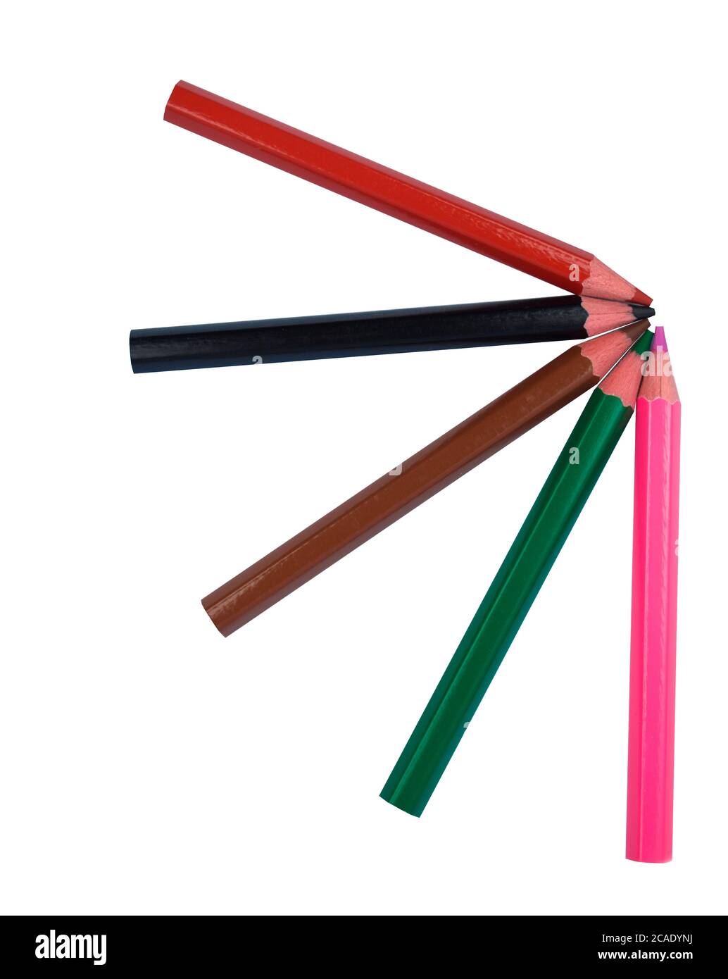 A design made with five different colored wood pencil crayons on white ...