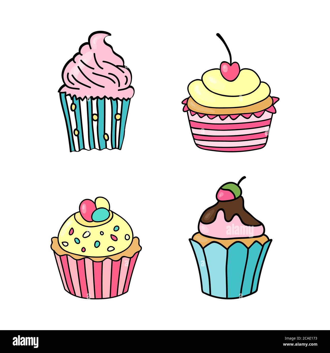 Sweet cupcake. Set of hand drawn cupcakes. Doodle cakes with cream and ...
