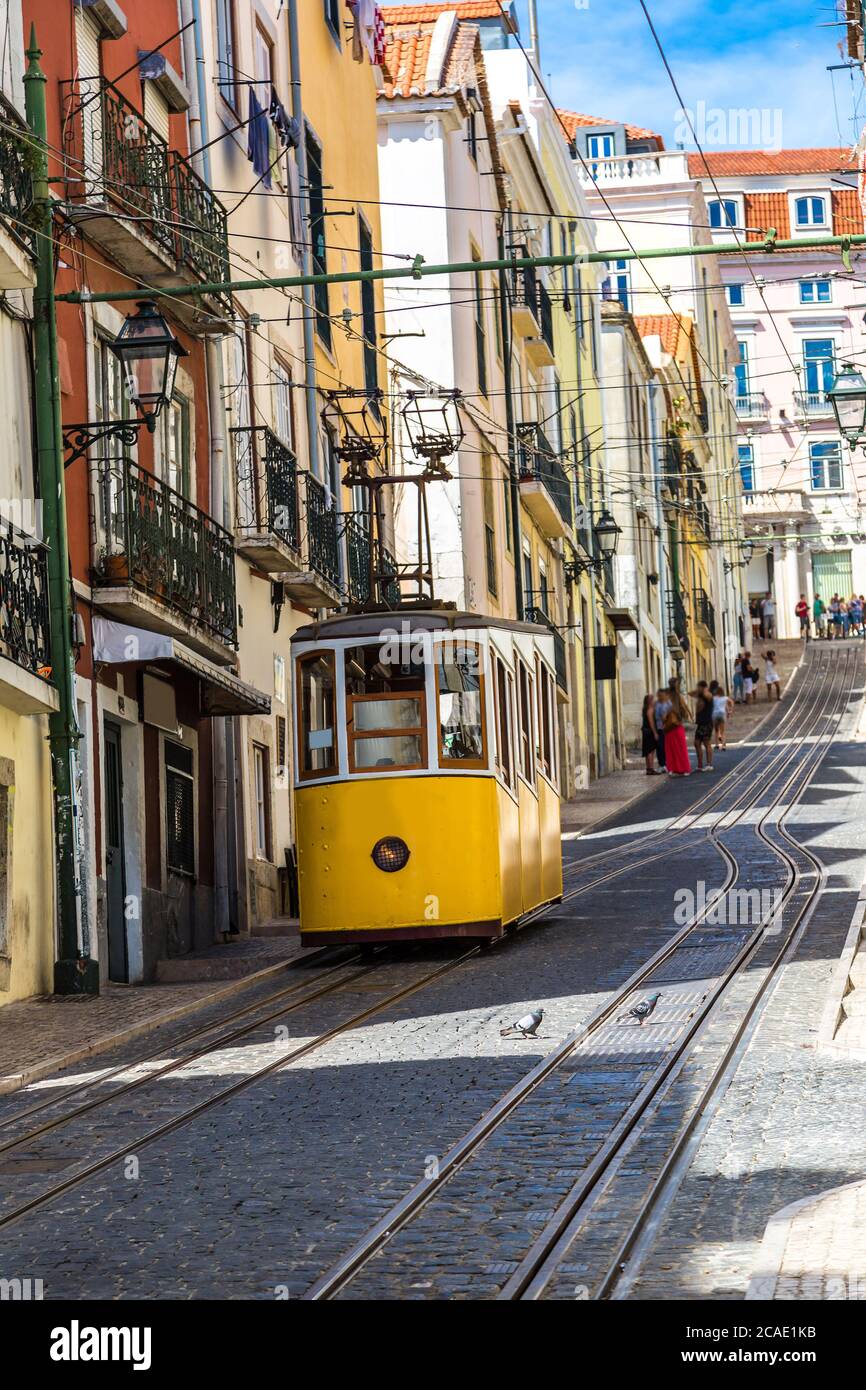 The Gloria Funicular in the city center of Lisbon, Portugal Stock Photo ...