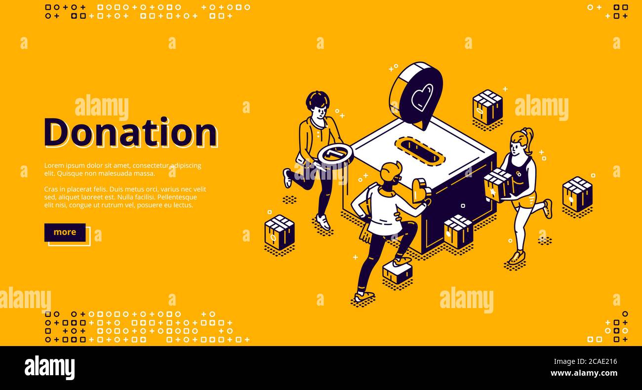 Donation and charity isometric landing page. People put coins into huge ...