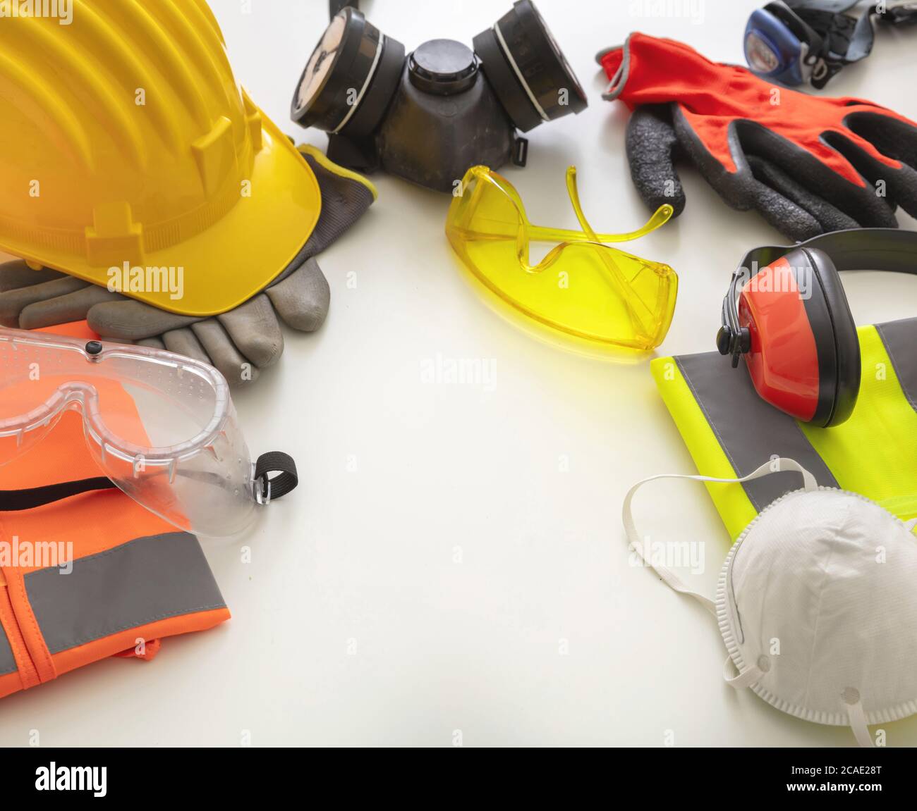 Work safety protection equipment flat lay. Industrial protective gear ...