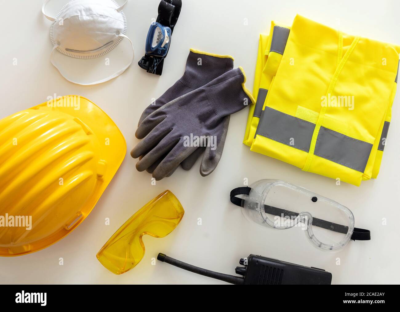Work safety protection flat lay. Industrial protective gear reflective ...