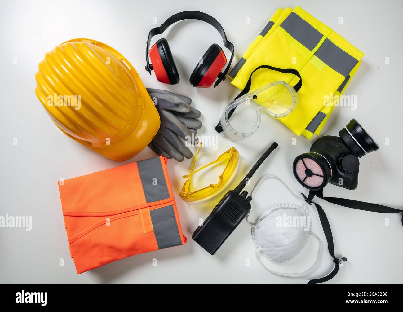 Work safety protection equipment flat lay. Industrial protective gear ...