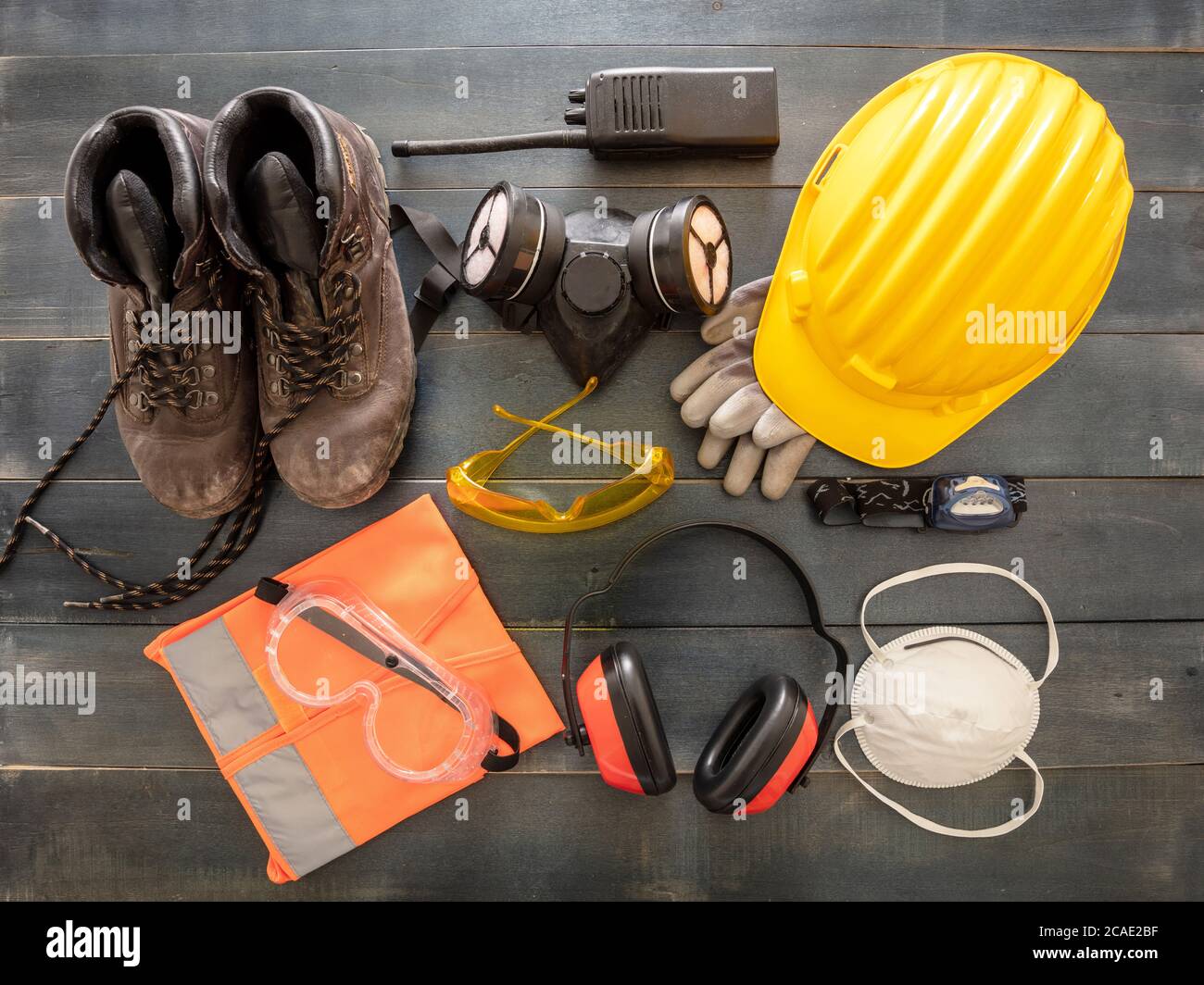 Work safety protection equipment flat lay. Industrial protective gear ...