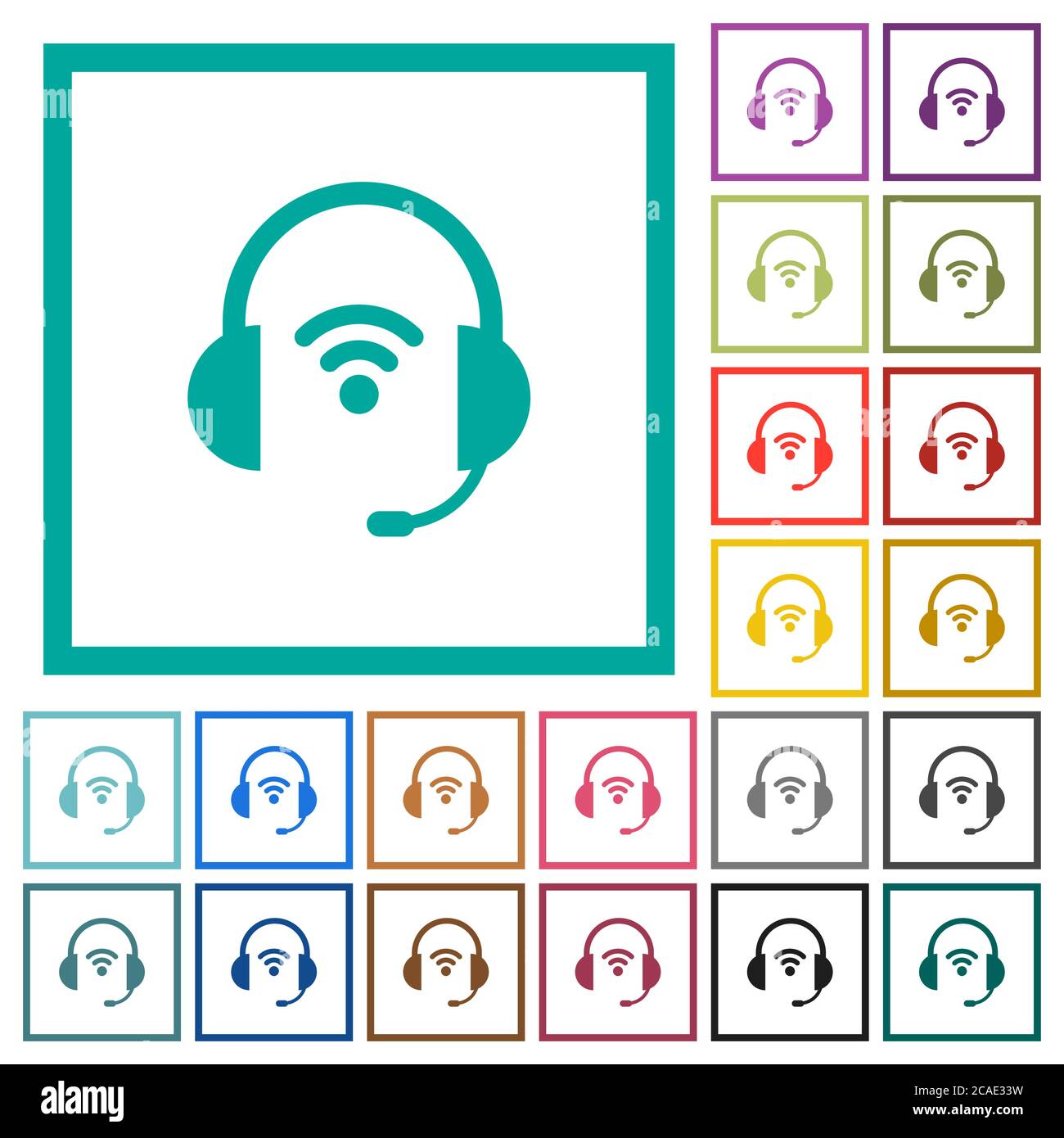 Wireless headset flat color icons with quadrant frames on white ...