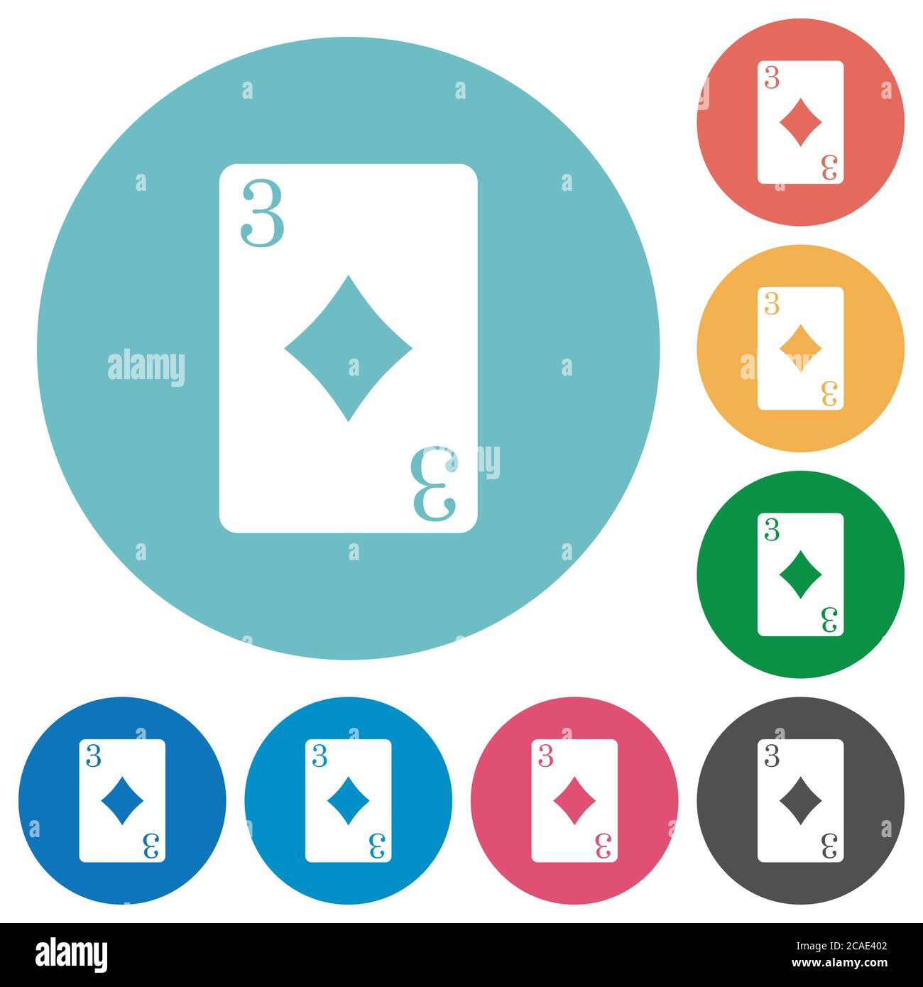 Three of diamonds card flat white icons on round color backgrounds ...