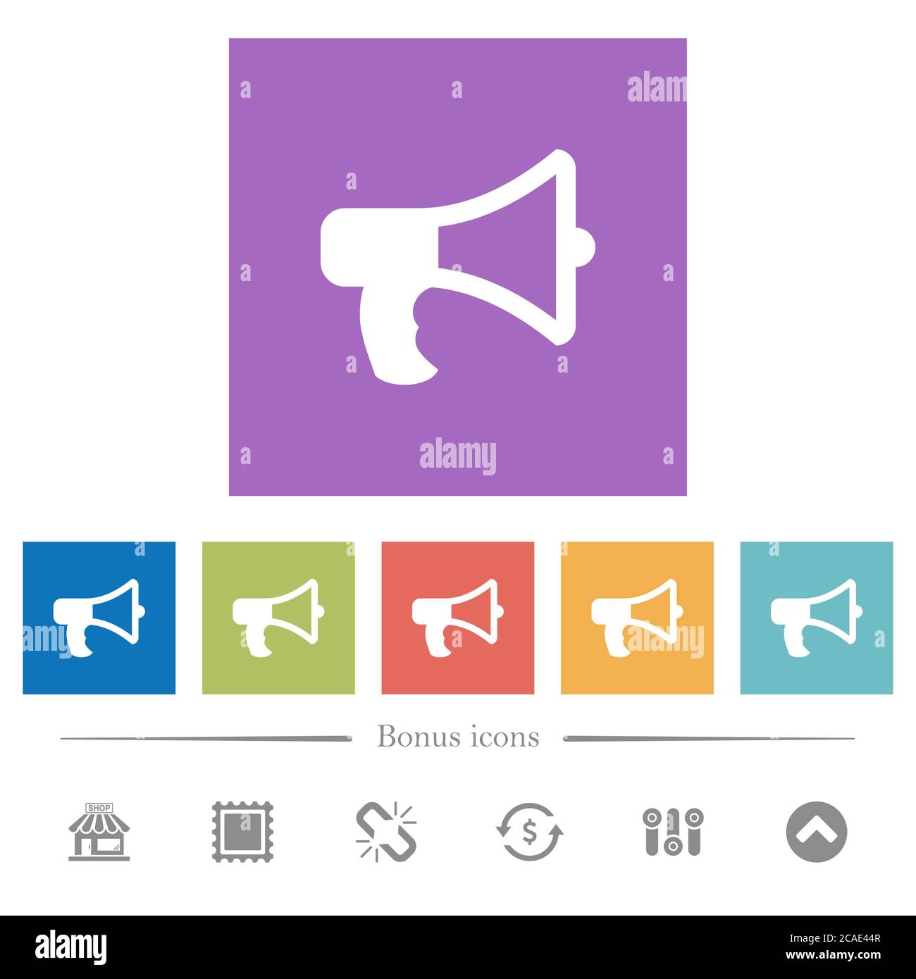 Megaphone flat white icons in square backgrounds. 6 bonus icons ...