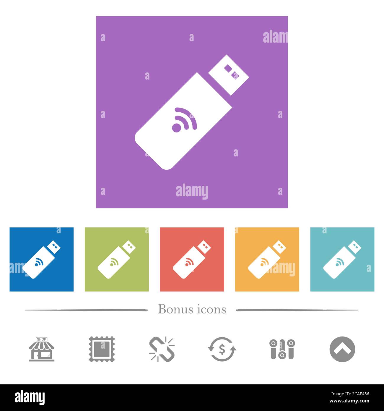 Wireless usb stick flat white icons in square backgrounds. 6 bonus ...